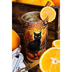 ORCAE 20oz Halloween Pumpkin Ghost Black Cat, Gifts for Cat Lovers, Halloween, Trick or Treat Gifts, Coffee Thermos, Stainless Steel Double Wall Vacuum Insulated Coffee Mug, Travel Cup with Lid - O