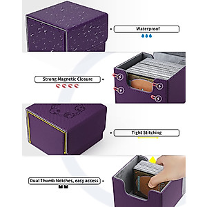 ZLCA Card Deck Box with 2 Dividers for MTG Cards, Large Horizontal Card Storage Box Fits 150+ Single Sleeved Cards, PU Leather Commander Deck box for TCG CCG (Purple)