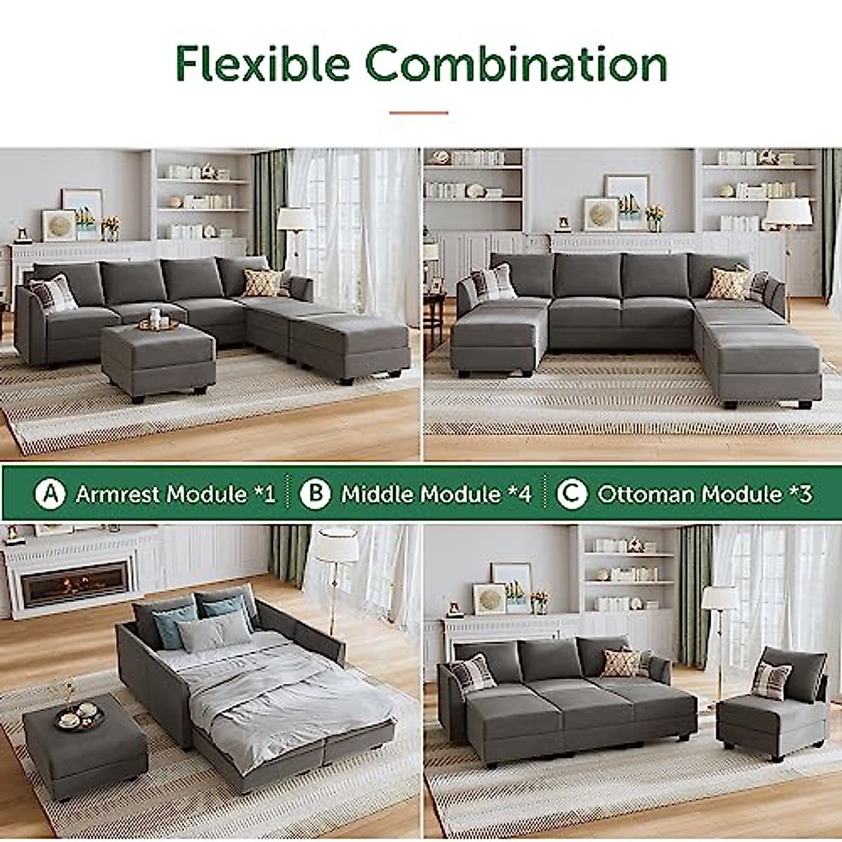 HONBAY Modular Sectional Sofa Velvet U Shaped Couch with Ottomans Convertible Sectional Couch 7 Seater Sofa with Storage Seat, Grey
