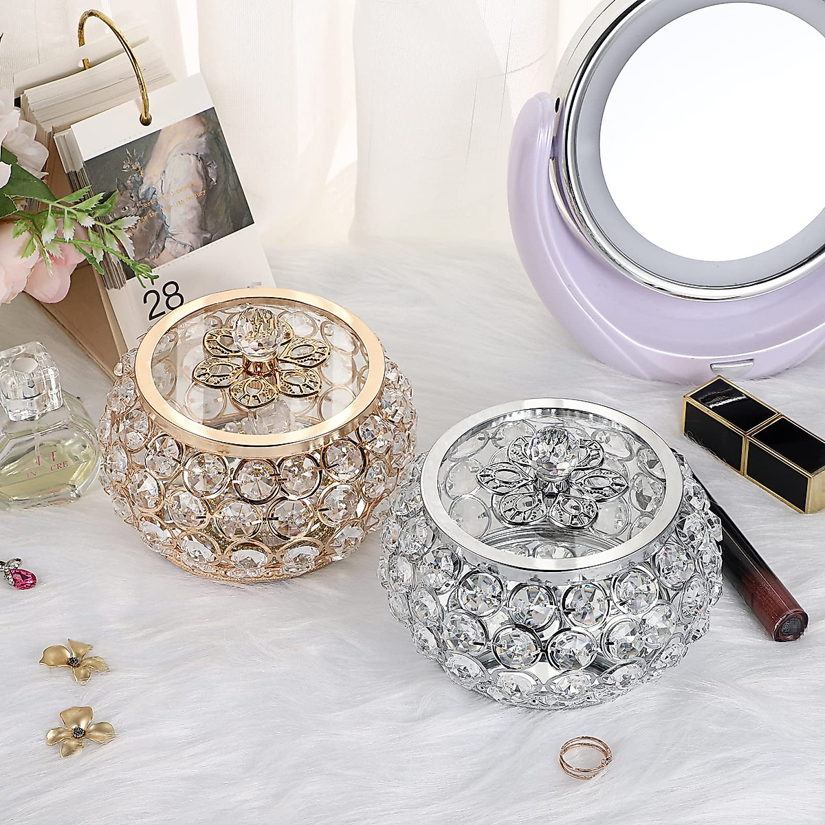 Hipiwe Crystal Jewelry Trinket Box with Glass Lid Gold Mirrored Treasure Box Decorative Jewelry Box Ring Earrings Necklace Storage Keepsake Box Gift for Women Girls