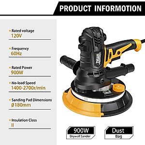 ZHJAN 7" Handheld Drywall Sander 900W, 1400-2700RPM Portable Electric Wall Polishing Machine,Electric Drywall Sander with Vacuum, LED light,Rough and fine Sanding,12 PCS Sanding Disc