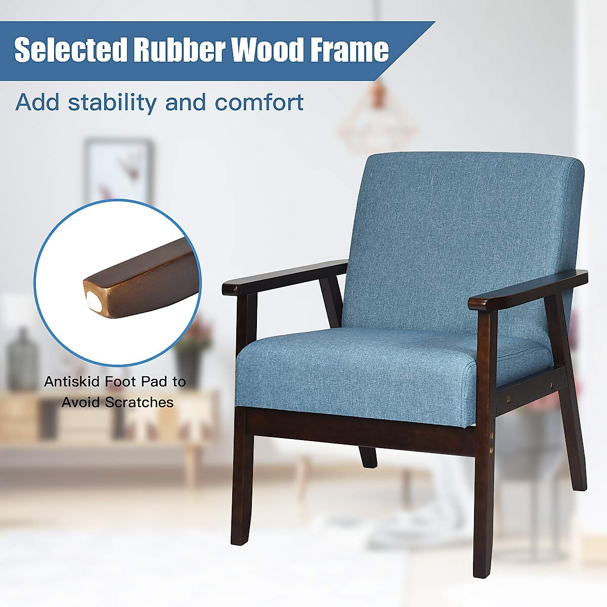 Giantex Mid-Century Modern Accent Chair, Retro Fabric Armchair, Solid Hardwood Made, Upholstered Linen Lounge Arm Chair for Living Room (1, Blue)