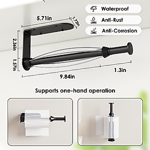 Fixwal Paper Towel Holder Under Cabinet, Single Hand Operable Wall Mount Paper Towel Holder with Damping Effect, Bend-Resistant, Self-Adhesive or Drill Mounting for Kitchen Bathroom, Black