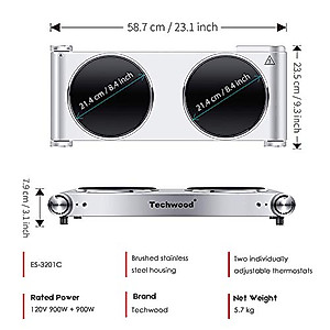 Hot Plate, Techwood 1800W Dual Electric Stoves, Countertop Stove Double Burner for Cooking, Infrared Ceramic Hot Plates Double Cooktop, Silver, Brushed Stainless Steel Easy to Clean Upgraded Version