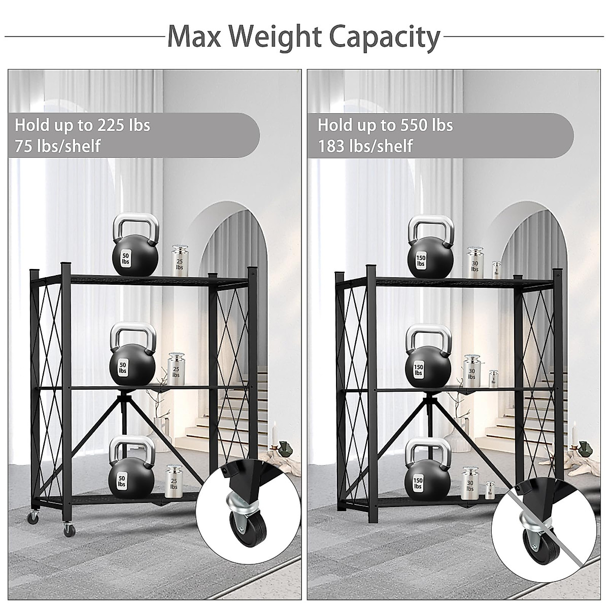 Yuanjimi 3 Tier Foldable Storage Shelf with Wheels, Heavy Duty Garage Shelving Unit Loads 550 LBS, Metal Steel Collapsible Shelves, Rolling Standing Utility Rack for Kitchen, Pantry, Office, Black