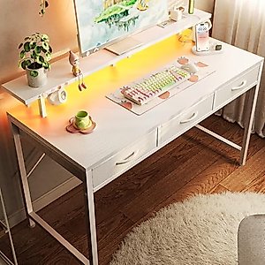 Huuger 47 inch Computer Desk with 3 Drawers, Office Desk Gaming Desk with LED Lights & Power Outlets, Home Office Desks with Storage Space for Bedroom, Work from Home, White