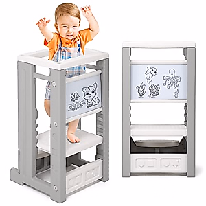 Toddler Tower Children Step Stool with 4 Adjustable Heights, Kitchen Helper Stool with Safety Rail, Learning Tower for Toddlers Kids with Whiteboard, Toddler Step Stool Helper, 1-6 Year Old Boy Girl