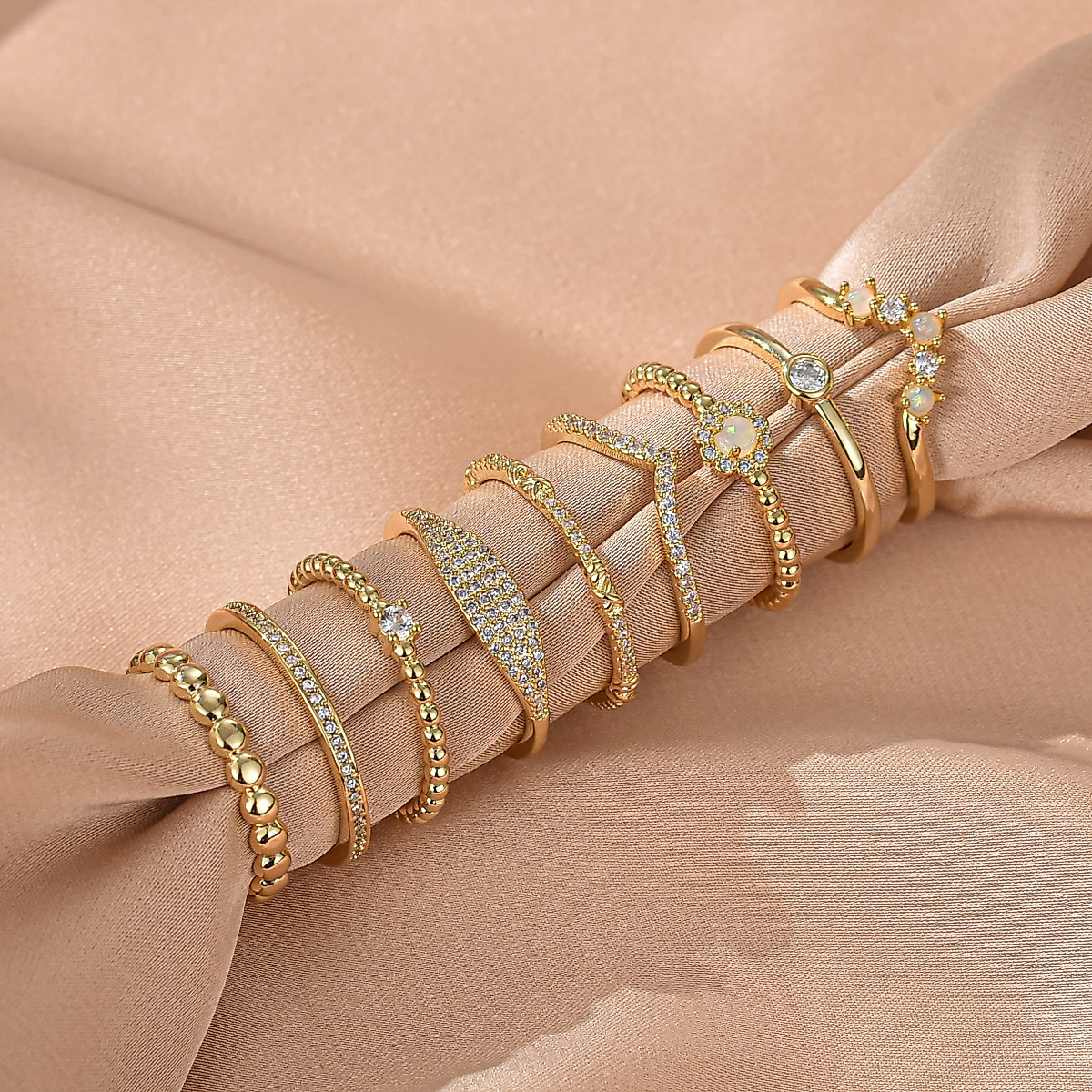 PLOMFOV 14K Silver Plate Stacking Rings Set for Women V Opal Flower CZ Rings Simple Thumb Thin Stackable Rings Silver Statement Rings Plain Band Gold 7