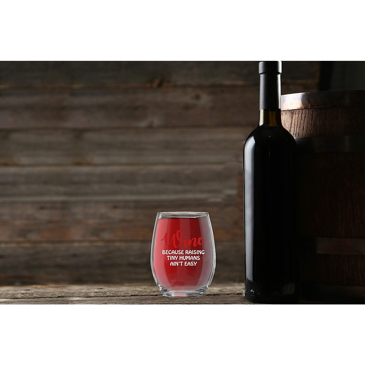 AW Fashions Wine Because Raising Tiny Humans Ain't Easy - 15oz Crystal Stemless Wine Glass - Stemless Wine Glass, Dad Mom for Mother's Day Parent Daddy Mummy Anniversary Birthday