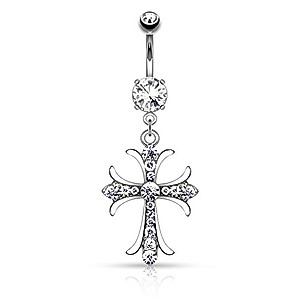 Pierced Owl 14G 316L Surgical Steel Celtic Cross with Paved Gems Dangling Belly Button Ring (Silver Tone)