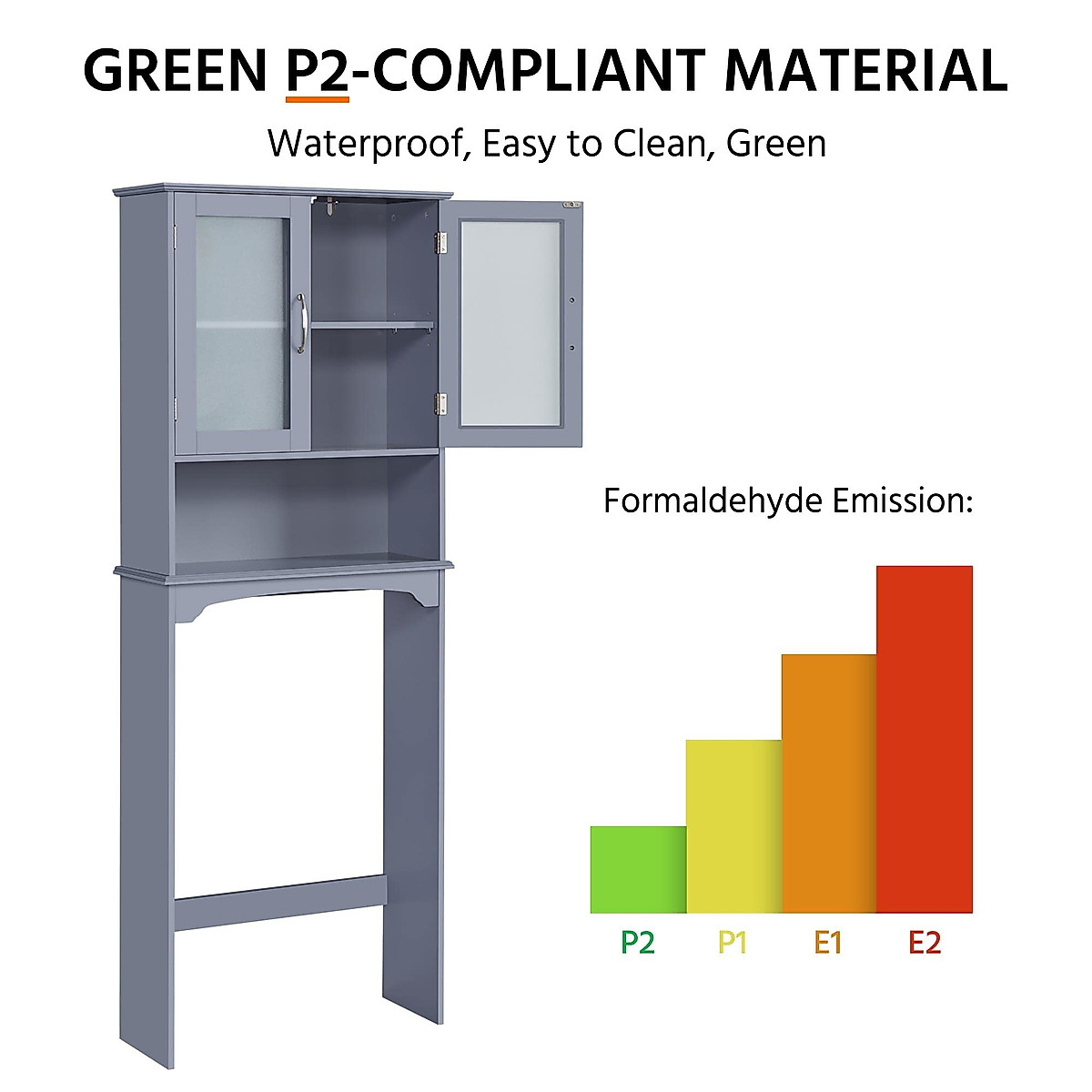 Yaheetech Over The Toilet Storage Cabinet, Free Standing Toilet Rack with Adjustable Shelves and Tempered Glass Doors for Bathroom Washroom, Grey