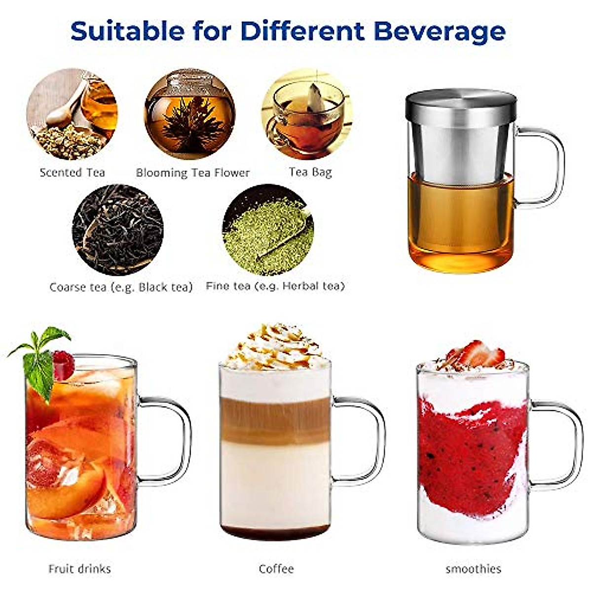 Ecooe 16.9 Oz Borosilicate Glass Tea Mug Cup Tea Glasses with Stainless Steel Infuser & Lid, Loose Leaf Glass Tea Cup Teacup 500mL