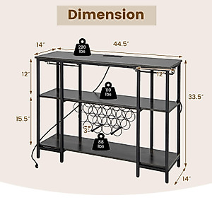 COSTWAY Wine Bar Cabinet, 3-Tier Home Mini Bar for Liquor w/Power Outlets, Glass Holder, Wine Rack, Anti-Tipping Kit, Metal Coffee Bar Table for Home Apartment Kitchen Living Room Pub (Black & Grey)