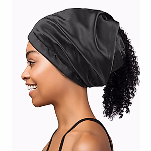 Large Satin Bonnet Sleep Cap for Curly Hair, Frizzy Hair Women and Men Black
