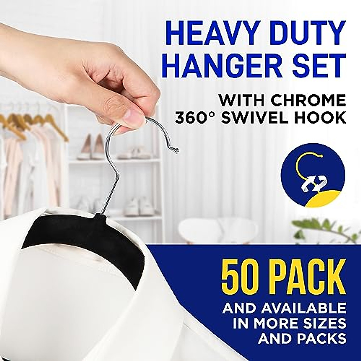 Lifemaster Velvet Non-Slip Plastic Hanger Set - 50 Pieces Non-Slip Clothes Hanger Set with 360° Swivel Hook, Space-Saving, Sleek Design, Smooth Velvet Finish, Lightweight Construction - Black