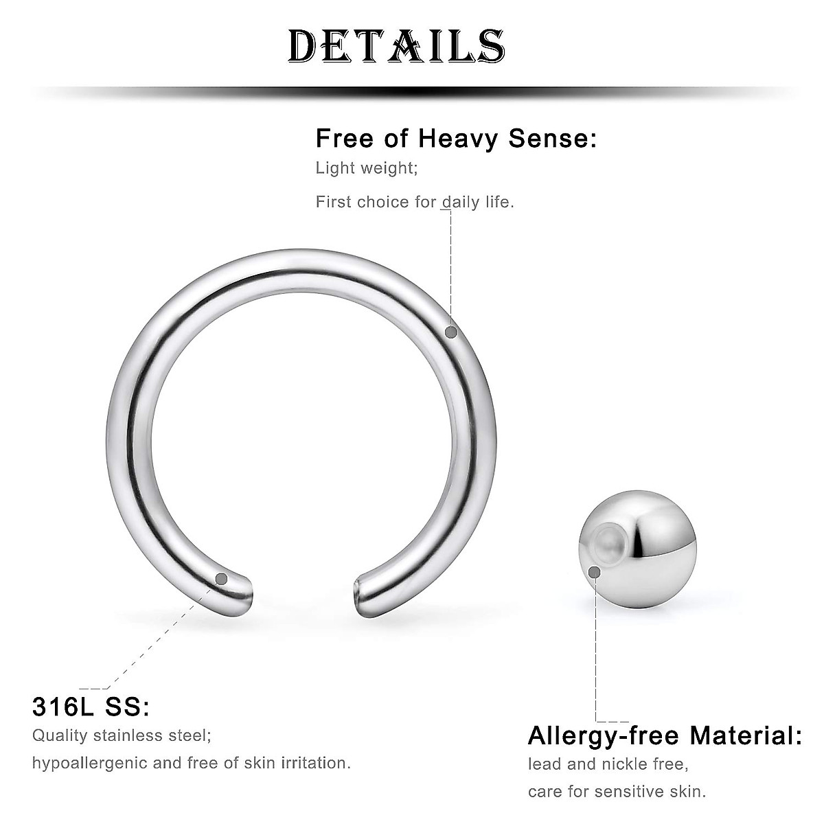 Kridzisw 14G Septum Ring Jewelry Surgical Stainless Steel Septum Nose Nostril Eyebrow Lip Belly Navel Smiley Ring Hoop Cartilage Helix Tragus Rook Daith Gauges Earring Piercing Jewelry Women Men 10mm