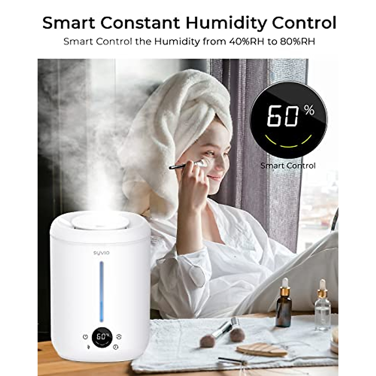 Cool Mist Air Humidifiers For Bedroom Large Room, Syvio 2.8L Smart Humidity Sensor, Easy to Clean for Baby Home Top Fill, Essential Oil Diffuser, Ultrasonic Quiet, 360° Nozzle