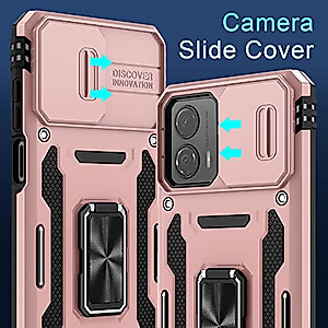 DEERLAMN Case Compatible with Moto G 5G 2023 with Slide Camera Cover+Screen Protector(1 Pack),Rotated Ring Kickstand Military Grade Shockproof Protective Cover-Rose Gold