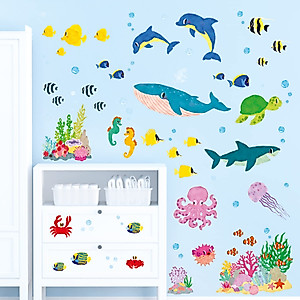 DECOWALL BA-2014s Under The Sea Turtle Wall Stickers Decals Ocean Fish for Bathroom Bedroom Nursery Living Room Home Decor Decoration Kids sea Animals Seaweed Peel and Stick Water boy Baby Shark
