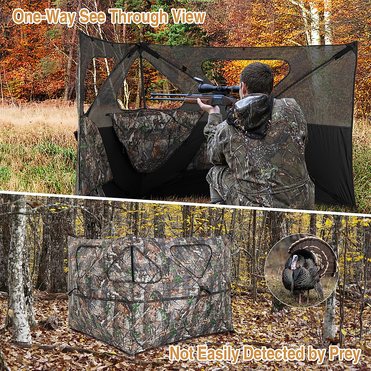 HAPPYGRILL Hunting Blind 2-Panel Pop Up Ground Hunting Blind with 3 Shoot Through Ports, Camo Concealment, Brush-in Loops, High Wind Stability, Easy-Setup Hunting Fence for Deer Turkey