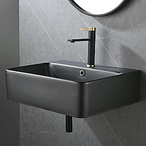IKEBANA Wall Mount Sink Black,Modern Vessel Bathroom Sink 21"X 17",Modern Floating or Countertop Ceramic Washing Bathroom Sink,Black Rectangle Wall Mounted Lavatory Sink