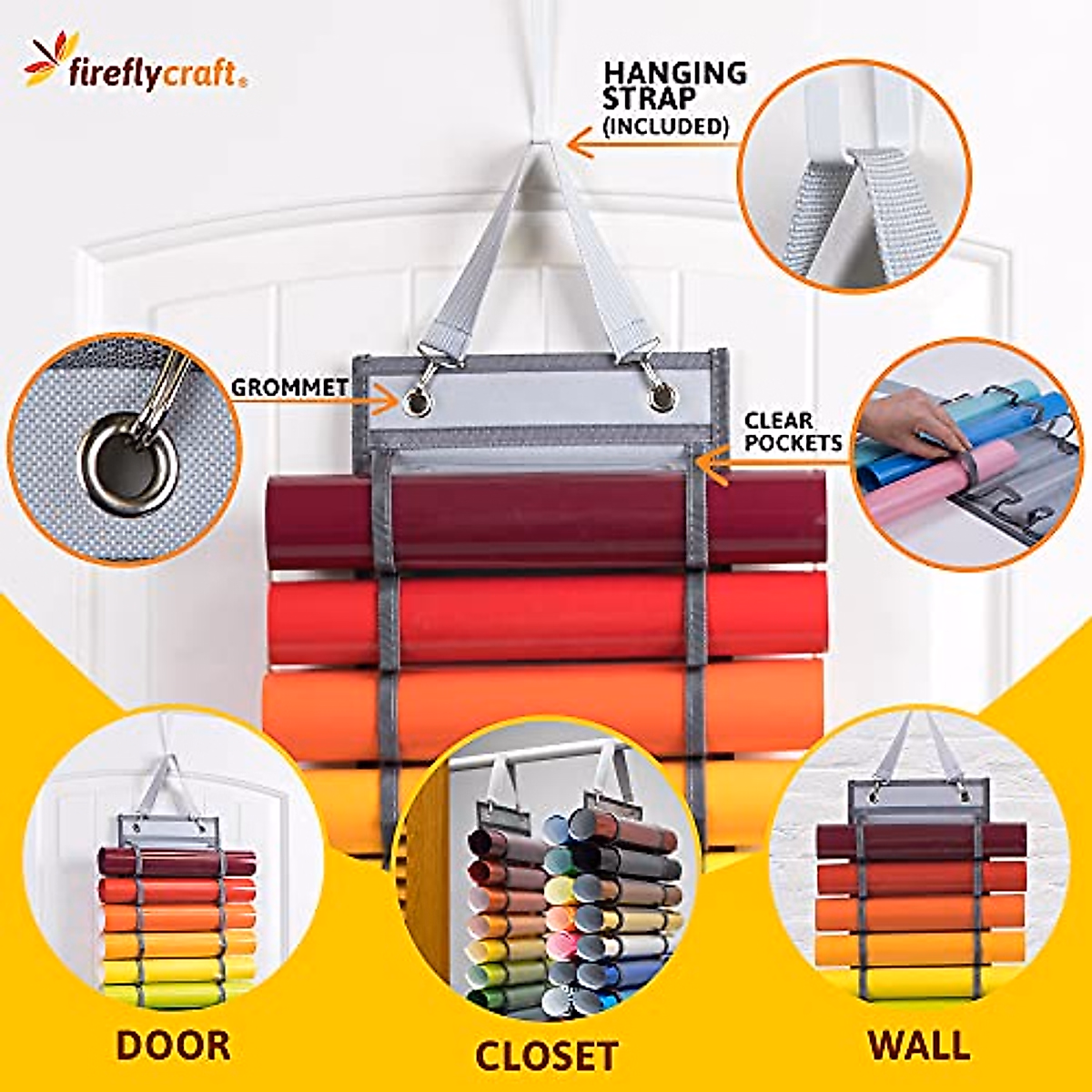 Firefly Craft Vinyl Organizer, Vinyl Roll Holder - Craft Vinyl Storage Organizer Rack - Wall Mount, Hanging Closet, Studio, or Over the Door Cricut Organizer - Cricut Accessories - 24 Compartments