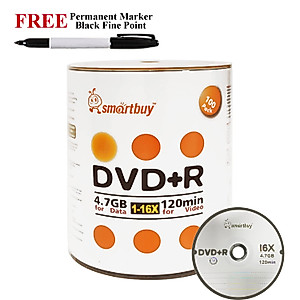Smartbuy 100-disc 4.7GB/120min 16x DVD+R Logo Top Blank Media Record Disc + Black Permanent Marker