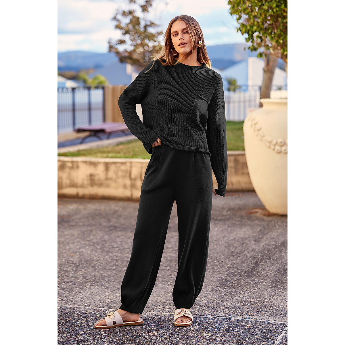 PRETTYGARDEN Women's Winter 2 Piece Sweater Set Casual Pullover Top High Waisted Sweatpants Tracksuit Lounge Outfits (Black,Medium)