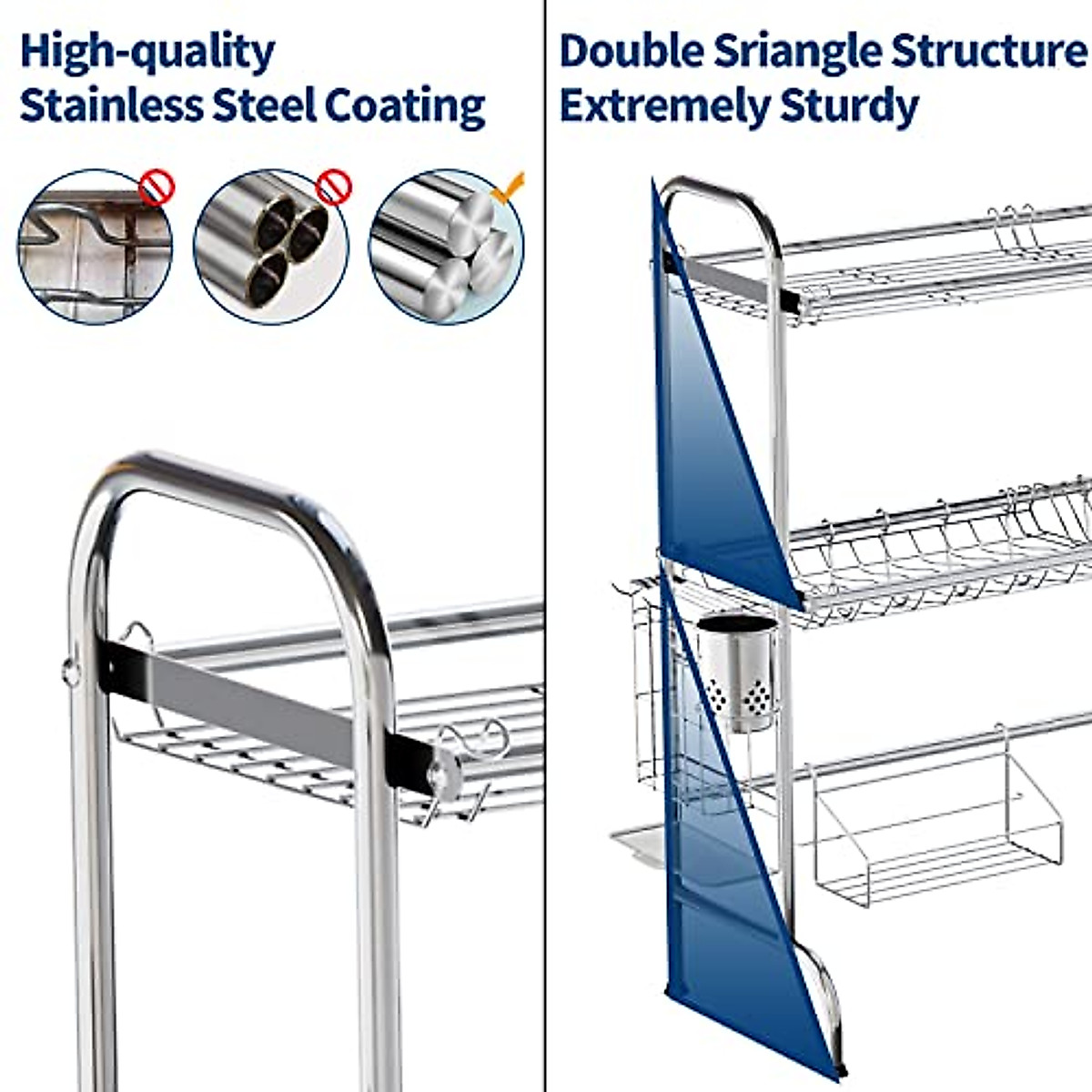 MOUKABAL Over The Sink Dish Drying Rack, Over Sink Dish Drying Rack with 2 Tier Utensil Holder,Large Stainless Steel Dish Racks for Kitchen Counter(fit≤33" Sink)