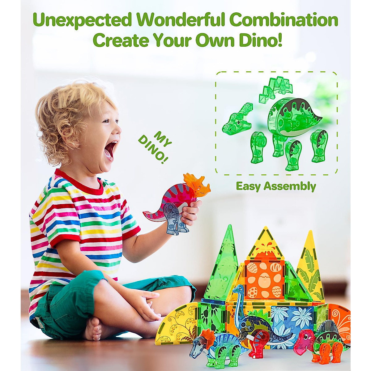 Asago Magnetic Tiles Dinosaurs Magnet Building Blocks Toys for Kids ages 3-5 4-8 8-12 Creative Animals Educational Stack Tile Construction for Boys Girls Toddlers 5-7 Year Old to STEM Learning