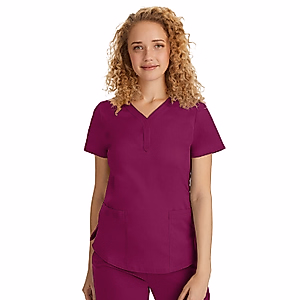 Healing Hands Women's Y-Neck Scrub Top with 2 Pockets, Knit Details, Shirttail Hem, and 2-Way Stretch Fabric 2167, Large, Wine