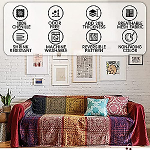 FinalNest Bohemian Tribal Throws Blankets Reversible Colorful Red Blue Boho Hippie Chenille Jacquard Fabric Throw Covers Large Couch Furniture Sofa Chair Loveseat Recliner Oversized (Red,L:102x87)