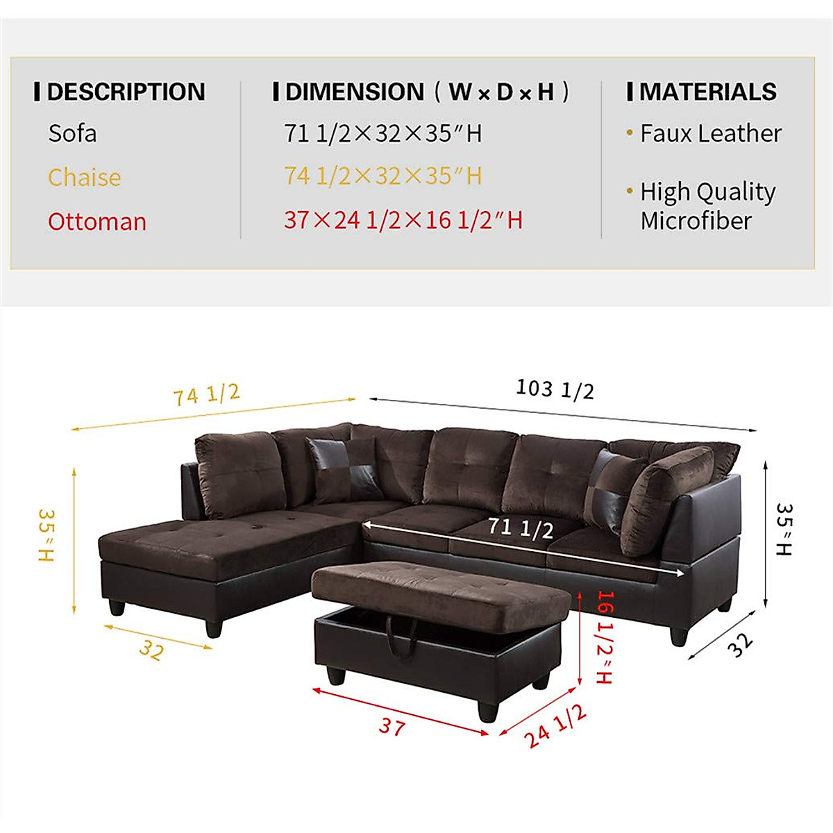 A Ainehome 3 PCS Sectional Sofa Set, L-Shaped Sectional Couch 103" W for Living Room, with Storage Ottoman and Matching Pillows (Left Hand Facing, Chocolate)