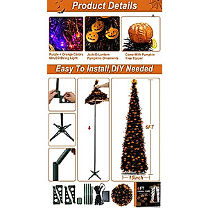 6 Ft 60 LED Tinsel Halloween Tree Decor with Orange & Purple Lights Timer Black Tinsel Christmas Tree Bats Battery Operated Pop Up Artificial Tree Indoor Outdoor Halloween Decorations Home Party