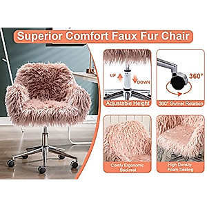Pink Desk Chair Faux Fur Pink Office Chair Height Adjustable - Modern Cute Desk Chair Computer Chair Vanity Chair for Makeup Room, Fluffy Desk Chair with Wheels, Swivel Accent Chair for Bedroom Living