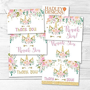 24 Unicorn Baby Shower Thank You Cards With Envelopes, Kids Thank-You Note, 4x6 Gratitude Card Gift For Guest Pack For Party, Birthday, For Girl Children, Cute Magical Pink Floral Event Stationery