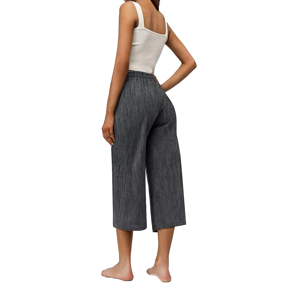 RESHE Womens Capri Pants Wide Leg Loose Comfy Drawstring Lounge Pajama Pants Yoga Capris with Pockets (Deep Hemp Gray, S)