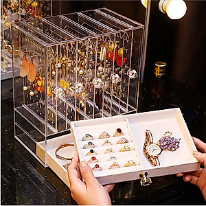 MOOCHI Clear Acrylic Jewelry Box Organizer Earring Display Stand Holder & 2 Drawers Jewelry Storage