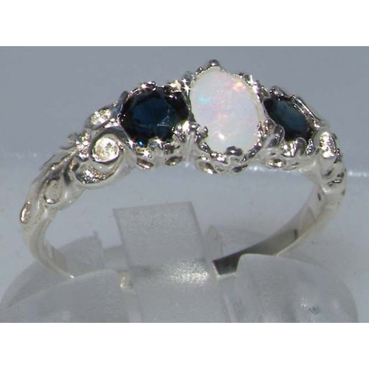 LetsBuyGold 925 Sterling Silver Natural Opal and Sapphire Womens Promise Ring - Size 9.5