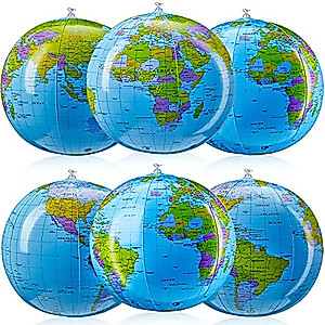Globe Beach Ball Blow Up World Globe Inflatable Globe Beach Ball Earth Beach Ball Topographic Map Globes PVC Giant Globe Beach Ball for Kids School Classroom Geography Party Supplies (6 Pieces)