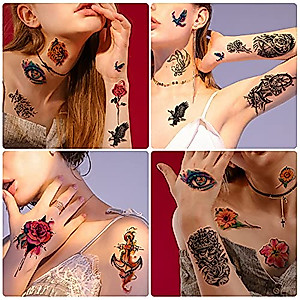 49 Temporary Tattoos Waterproof for Men and Women, 3D Realistic Half Arm Fake Tattoos, Floral Animal Peony Rose Butterfly Tiger Snake Tattoo Stickers for Teens Girls Body Hand Shoulder Chin