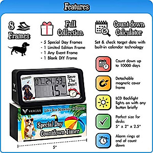 VERISS Digital 9999 Days Countdown Clock Timer with Backlight - Count Down Your Retirement, Wedding, Christmas, Vacation and All Calendar Event Dates in Your Life - Dog Collection (Black - 8 Frames)