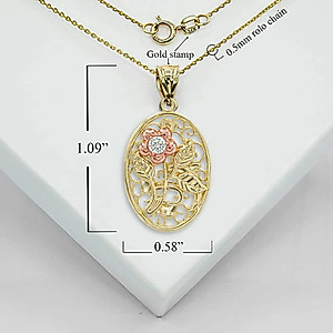 Elegant 14k Two-Tone Gold CZ Oval Filigree Rose Vines Pendant Necklace, 18"