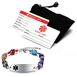 Medical Alert Bracelets for Women & Men | Medical ID Bracelets for Men & Women | Customize Colorful Beads Medical Bracelet | Stainless Steel Plate | Adjustable 7.5-9.0"