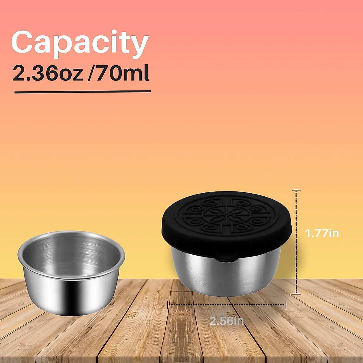 Pack of 6 Salad Dressing Container To Go: Small Condiment Containers with Lids, Reusable Stainless Steel Sauce Cups, Leakproof Silicone Lids for Bento Box, Picnic and Travel (Black - 2.36oz)