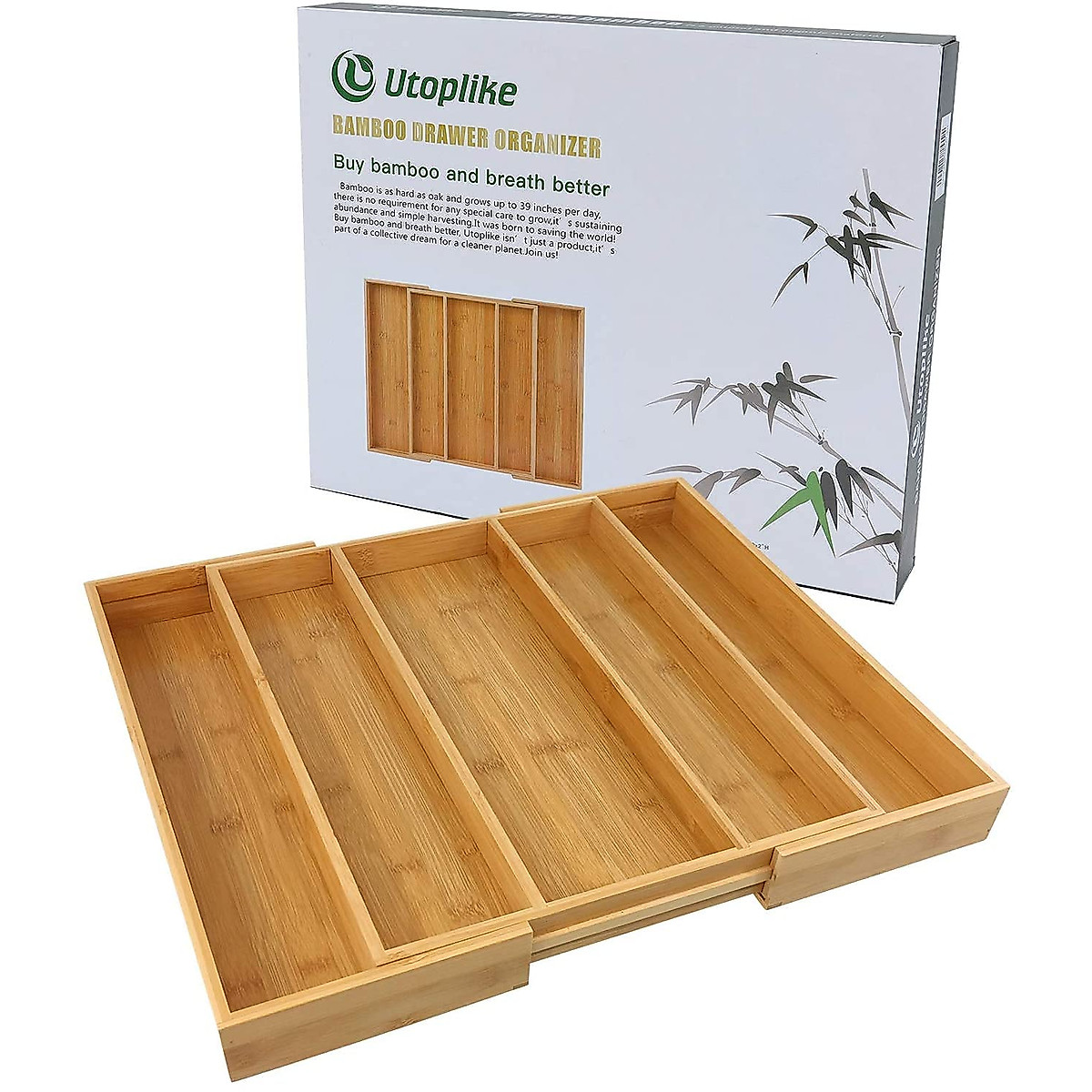 Utoplike 4 pcs Bamboo Kitchen Drawer Dividers and Bamboo Expandable Kitchen Drawer Organizer, Adjustable Utensil Holder Set