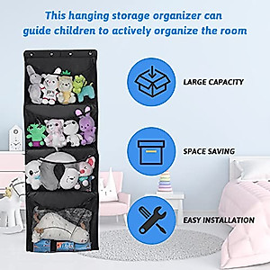 Stuffed Animal Organizer, 4 Pockets Over Door Organizer for Stuffies and Toy Plush, Kids Bedroom Organization Animal Storage Net Hammock with Hooks, Hanging Toy Plush Storage for Nursery, Bedroom