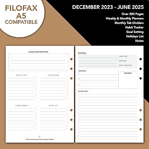 2024/25 A5 Calendar Planner Inserts - 8 1/4 x 5 5/8 (21cm x 14.2cm) - Ivory Color - Thick Monthly & Weekly Calendar Refill for A5 6-Ring Binder Planner, Compatible with Filofax, to June 2025
