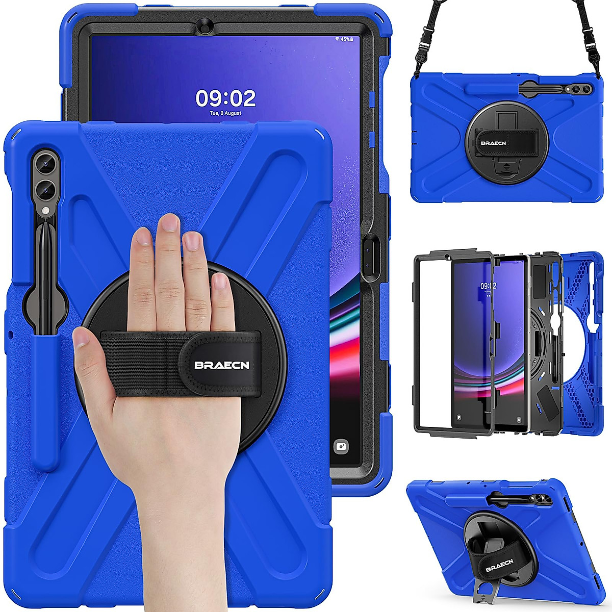 BRAECN for Galaxy Tab S10+/ S9+/S9 FE+/S8+/S7+/S7 FE12.4 Inch Case,Heavy Duty Tablet Case with Adjustable Hand Strap, Built-in S Pen Holder, Shoulder Strap, Stand for Samsung Galaxy Tab S9 Plus -Blue