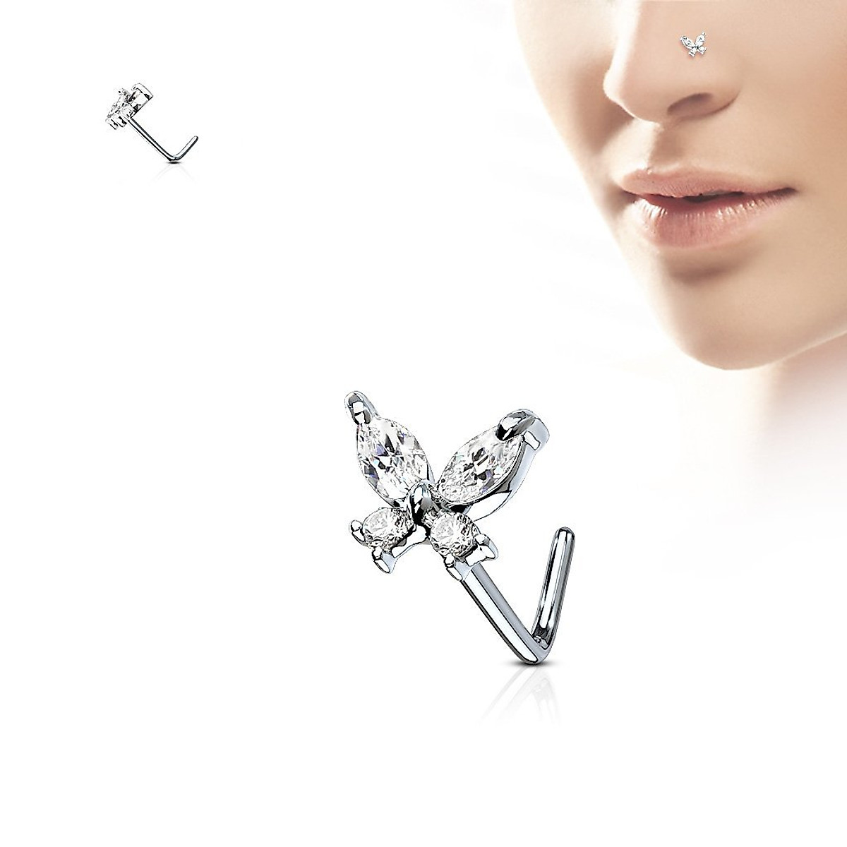 FIFTH CUE 20G CZ Butterfly 316L Surgical Steel L Bend Nose Stud Ring (Clear)